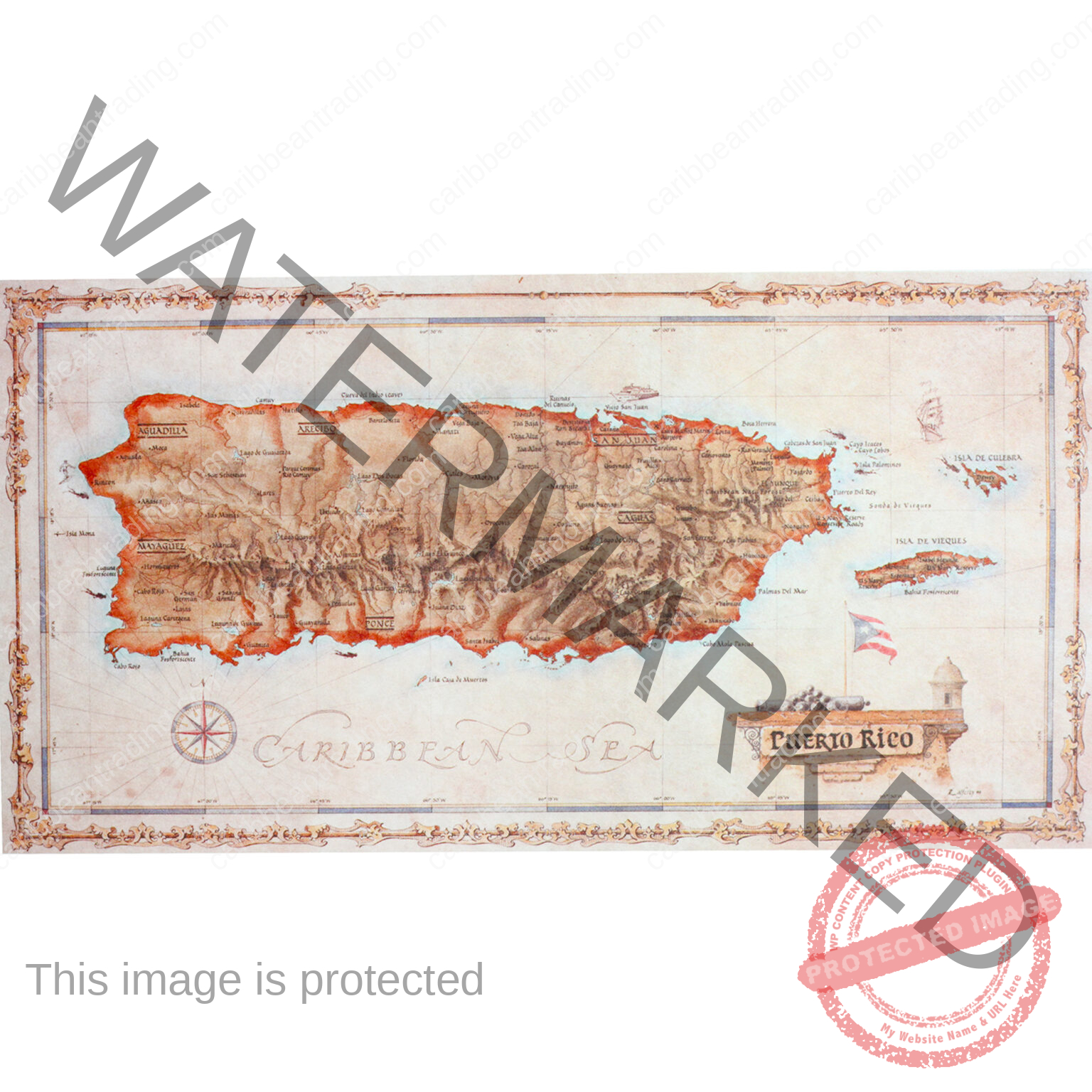 Antiqued Puerto Rico Island Map - Large | Puerto Rico | Caribbean